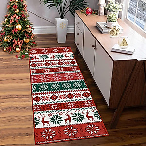 ROYHOME Hallway Runner Rug 2x6 Washable Christmas Runner Indoor Non-Slip Xmas Decorative Throw Floor Covers Boho Accent Festival Xmas Rug Farmhouse Rug Geometric Carpet for Living Room Bedroom, Red