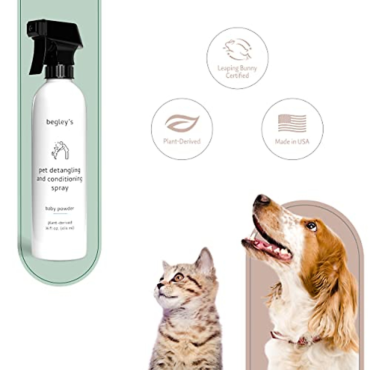 Begley's Natural Pet Detangling Spray - Premium Essential Oil Scented Detangler Spray for Dogs, Puppies & Cats - Dog Leave in Conditioner Spray - Dematting Spray for Dogs & Pets - 16 oz, Baby Powder