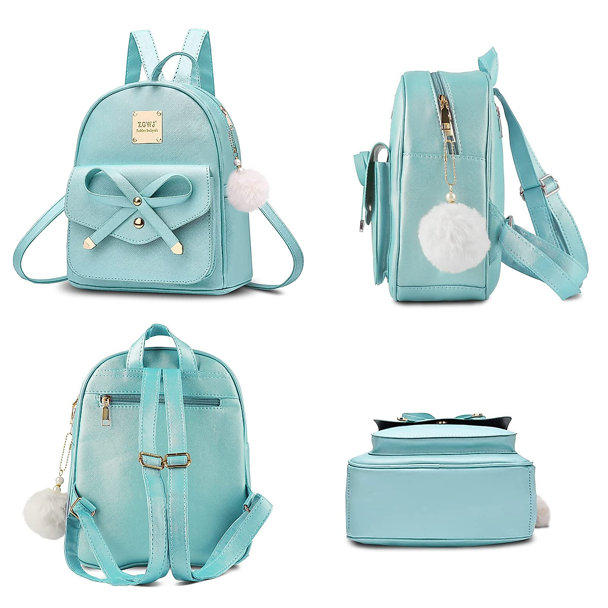 Aogist Mini Leather Backpack Purse 3-Pieces Fashion Bowknot Zipper Bags Cute Casual Travel Daypacks for Women Pearl Blue