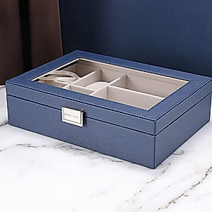 IVZISOWatch Box Display Cabinet Glasses Organizer, Jewelry Organizer, 4 Compartment Watch Organizer and 3 Compartment Glasses Case, Best Gift for Men and Women (Blue)