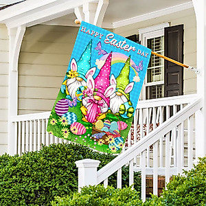 Q-Leo Easter Flag, Set 2 House Flag 28 X 40 And Garden Flag 12 x 18 Double Side, Small Garden Flags Decorations For Outside, Yard Outdoor Decor With 3 Gnones and Happy Easter day Signs