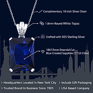 Gem Stone King 17.53 Cttw Blue Created Sapphire and White Topaz Pendant Necklace For Women In 925 Sterling Silver | Emerald Cut 18X13MM | With 18 Inch Silver Chain