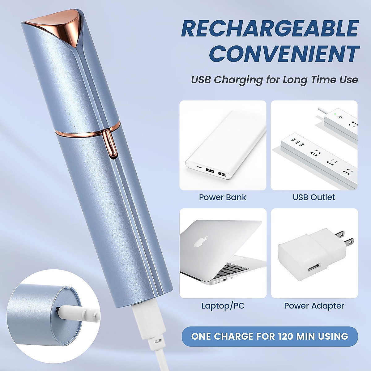 Facial Hair Removal for Women, Mini Hair Remover, Electric Razor Shaver Portable Bikini Epilator for Lips, Chin, Armpit, Peach Fuzz, Fingers, Neck, Cheek and USB Rechargeable (Blue)