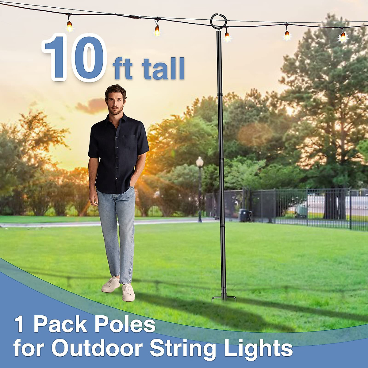 SEEYANG String Light Poles – 1 Pack 10 Ft Poles for Outdoor String Lights, Patio Light Poles for Outside, Light Poles for Outside String Lights Suit for Yard Patio Wedding Party