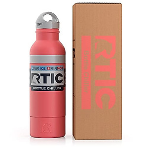 RTIC Bottle Chiller Water Bottle Insulated Cooler for 12oz Glass Soda Bottle or 16oz Aluminum Bottle, Double Wall Vacuum Insulation, Stainless Steel Sweat Proof with Built-In Bottle Opener, Coral