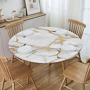 Aiojool White Marble Print Tablecloth Elastic Edged Round Fitted Table Cover Waterproof Table Cloth for Indoor Outdoor Dinning Fit 45'' - 50'' Table, Medium