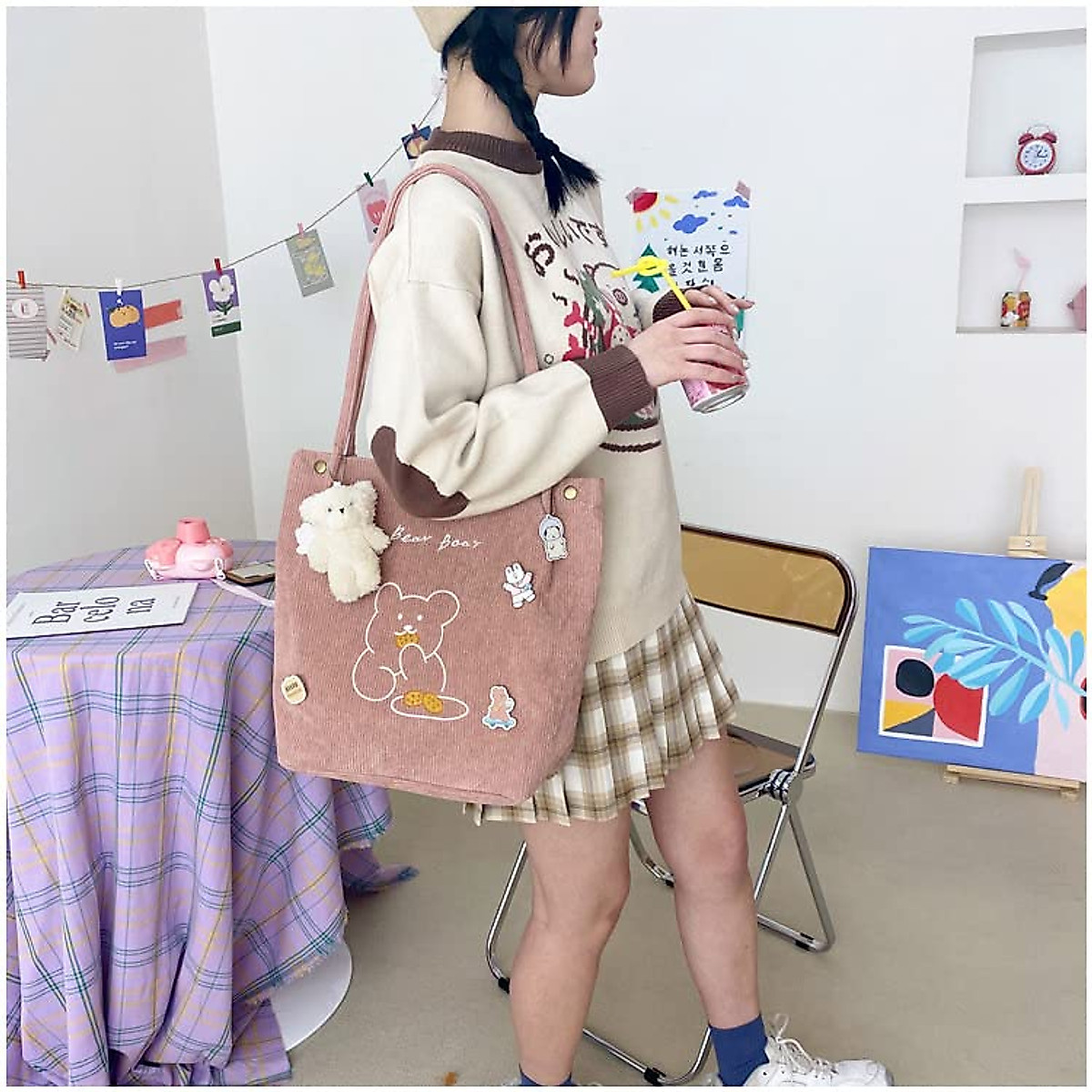 Women Corduroy Shoulder Bag Cute Bear Canvas Tote Bag Large Corduroy Hobo Bag Casual Shoulder Handbag for Work School Travel (Pink)