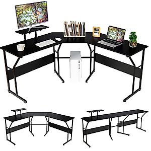 Tangkula L-Shaped Reversible Computer Desk, 2 Person Long Computer Workstation w/Movable Monitor Stand, Large Home Office Corner Desk for Working Writing Gaming (Natural)