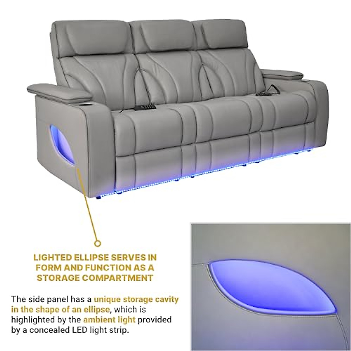 Armen Living Octavia Modern Zero Gravity Power Reclining Heated Massage Sofa, 86" Wide, Silver and Gray Top Grain Leather