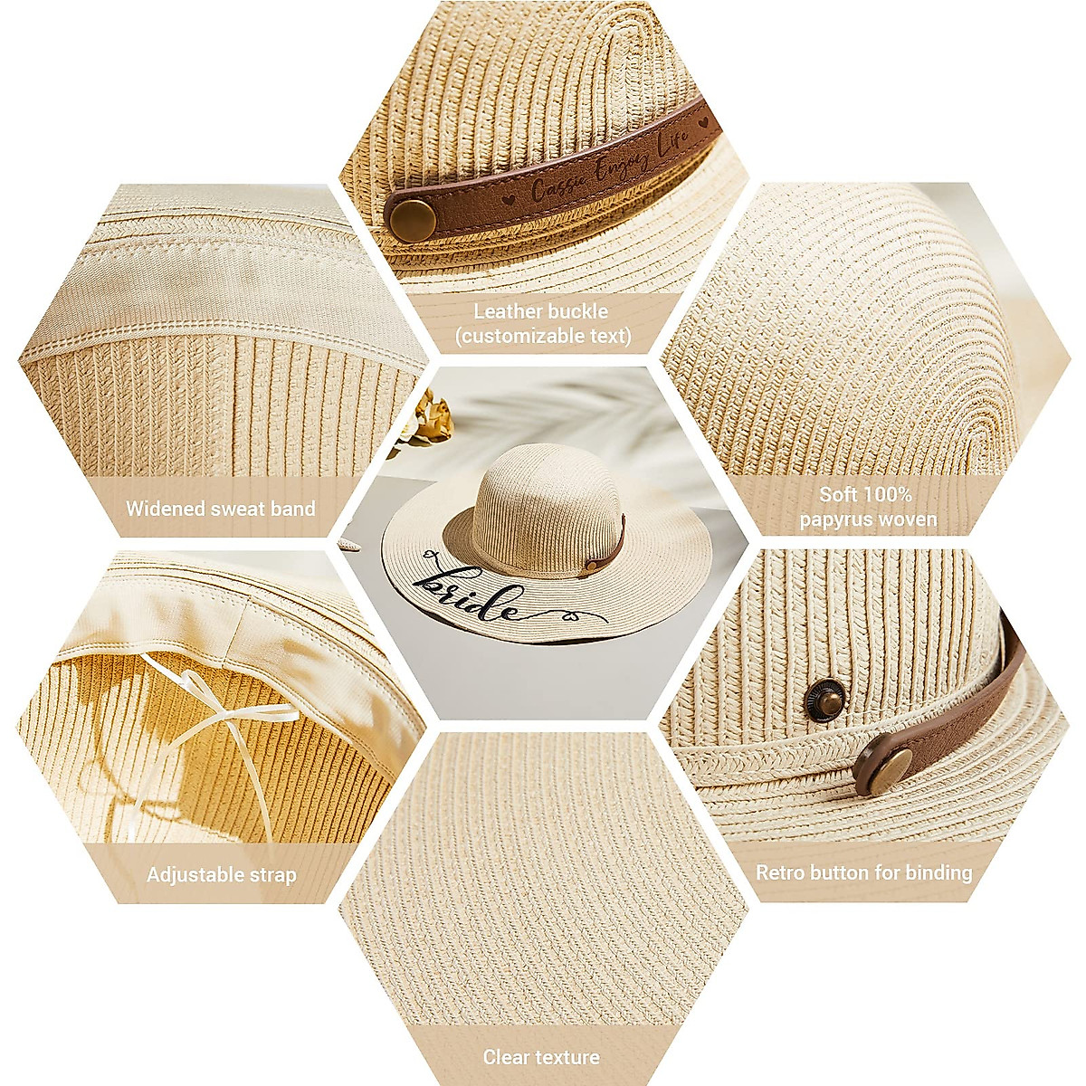 AW BRIDAL Bachelorette Party Favors Bride Hat, Wedding Bride to Be Gifts Bridal Shower Gift for Bride Beach Hat, Wide Brim Floppy Embroidered Straw Sun Hat UPF50+ Beige