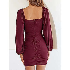 ANRABESS Women's Square Neck Mesh Long Sleeve Ruched Bodycon Mini Dress Party Club Cocktail Short Dresses s 642jiuhong-L Wine Red