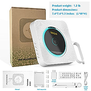 AONCO Portable CD Player,Bluetooth Wall-Mounted CD Music Player Home Audio Speaker,with Remote Control FM Radio Built-in HiFi Speaker,MP3 Headphone Jack Aux Out,White