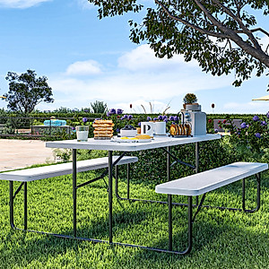 YITAHOME 6FT Large Folding Picnic Table w/Easy Assembly Steel Frame & Wood Like Tabletop, All Weather Folding Picnic Tables with benches Ideal for Yard Patio Lawn Party, White