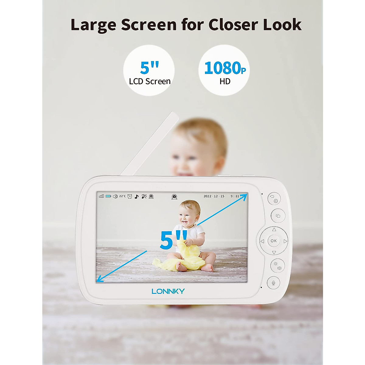 LONNKY Baby Monitor with Camera and Audio, 5" Color Display with 1080P Pan 355°/Tilt 65° Camera, 2-Way Audio, 16ft Night Vision, Temperature & Sound Alarm, Up to 1000ft Range, Support Playback