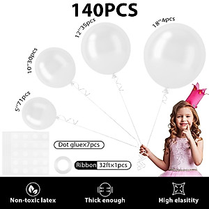 140pcs Balloon Arch Kit, White Balloons of Different Sizes Pack of 18 12 10 5 Inch Party Balloon Kit for Birthday Party or Balloon Arch as Graduation Wedding Baby Shower Anniversary Party Decorations