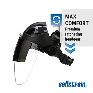 Sellstrom DP4 Face Shield - Lightweight Mask with High Impact Crown & Ratchet Headgear for Work, Grinding, Plasma/Flame Cutting - ANSI Z87.1 - Clear Anti Fog Polycarbonate Window -UV/IR Flip Up Visor