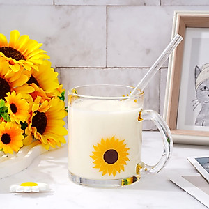 Whaline Sunflower Glass Coffee Mugs with Handle Summer Sunflower Clear Coffee Mug Cups Boho Drinking Glasses Beverage Mugs for Iced Coffee Soda Cocktail Whiskey Tea Water Wine, 12oz