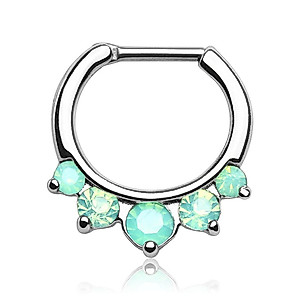 Five Pronged Opalites Surgical Steel Septum Ring Clicker Nose Piercing 16G - Green