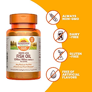 Sundown Odorless Fish Oil, 1290mg, Omega 3 Dietary Supplement, Supports Heart Health, 72 Coated Mini Softgels