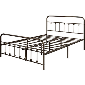 Topeakmart Queen Size Victorian Style Metal Bed Frame with Headboard/Mattress Foundation/No Box Spring Needed/Under Bed Storage/Strong Slat Support Bronze