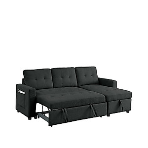 Pull Out Sleeper Sofa Convertible L-Shape Sofa Bed Reversible Sectional Couch with Storage Chaise and Side Storage Bag, Living Room Sofa Set for Living Room (Black)