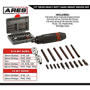 ARES 10027 – 1/2-Inch Drive Heavy Duty Hex Grip Impact Driver – 1/4-Inch & 5/16-Inch Bit Chucks – S2 Bits – Slotted 3/16, 1/4, 5/16, 3/8 Inch Bits – Phillips PH1, PH2, & PH3 Bits - T20, T25 Bits