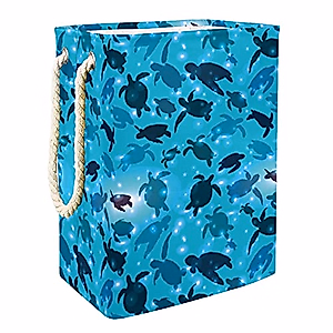 Water Blue Sea Turtle Pattern Laundry Hamper With Handles Large Collapsible Basket For Storage Bin, Kids Room, Home Organizer, Cloth Storage, 19.3x11.8x15.9 In