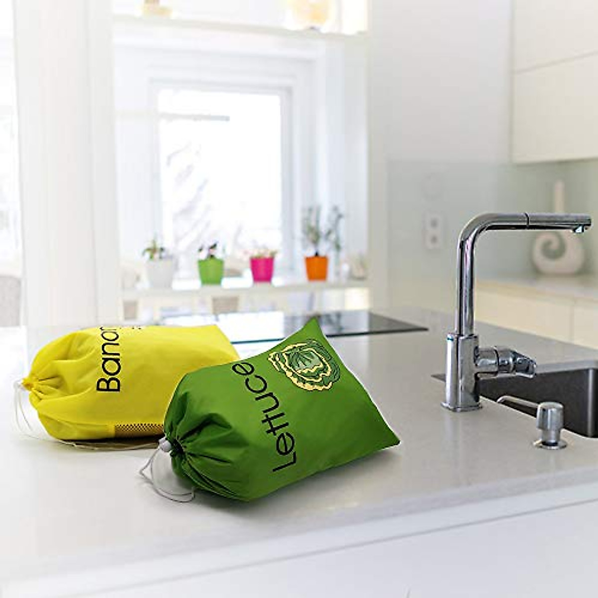 DE Reusable Produce Bags ，Includes Banana Bag and Lettuce Bag，Keep it Longer Up To 2 Weeks Stop Food Waste