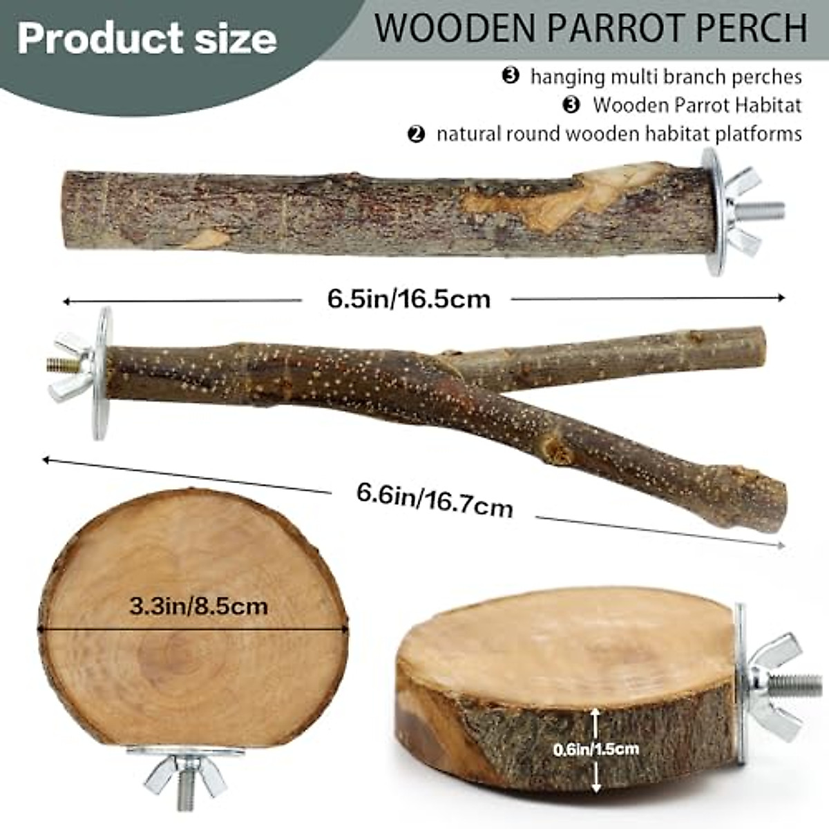 CZWESTC 8 Pieces Natural Wood Bird Perch Wooden Parrot Perch Stand Fork Toys Hanging Multi-Branch Perch Platform Hammock Swing Toy for Macaws, Small Parakeets, Conures, Budgies, Finches