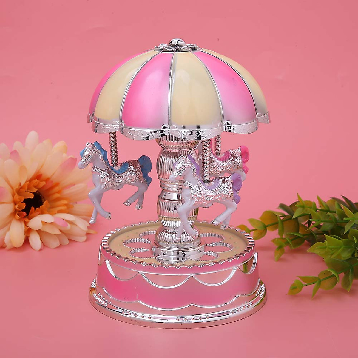 Luminous Music Box, Exquisite Kids Rotating Carousel Light and Sound Toy Home Decor Best Girls(Pink)