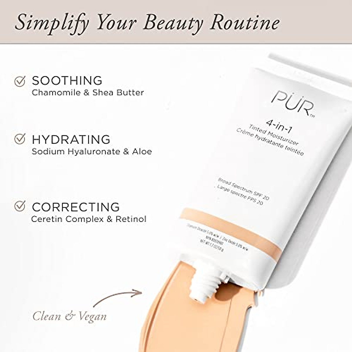 PÜR 4-in-1 Tinted Moisturizer With SPF 20 - Hydrating Face Moisturizer, Primer, & Foundation With Shea Butter, Aloe Vera & Vitamin B3 - Vegan Friendly - Free of Paraben, Gluten & BPA - Warm Nude