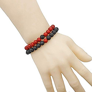 MengPa Mens Beaded Bracelets Couples Matching Bracelet Set Lava Rock Beads for Women Stone Jewelry (Howlite-Red) US4163B