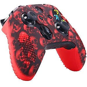 9CDeer Studded Protective Customize Transfer Printing Silicone Cover Skin Sleeve Case + 8 Thumb Grips Analog Caps for Xbox One/S/X Controller Skull Red Compatible with Official Stereo Headset