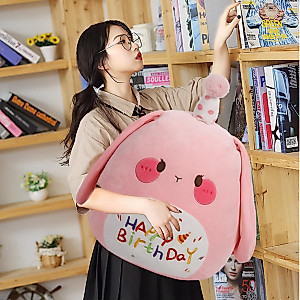 ARELUX Large 18in Cute Bunny Cuddle Plush Soft Bunny Stuffed Animal Birthday Pillow Kids Huggable Rabbit Plushie Toy Big Size Happy Birthday Party Decoration Plushies Gift for Friends Boys Girls Pink