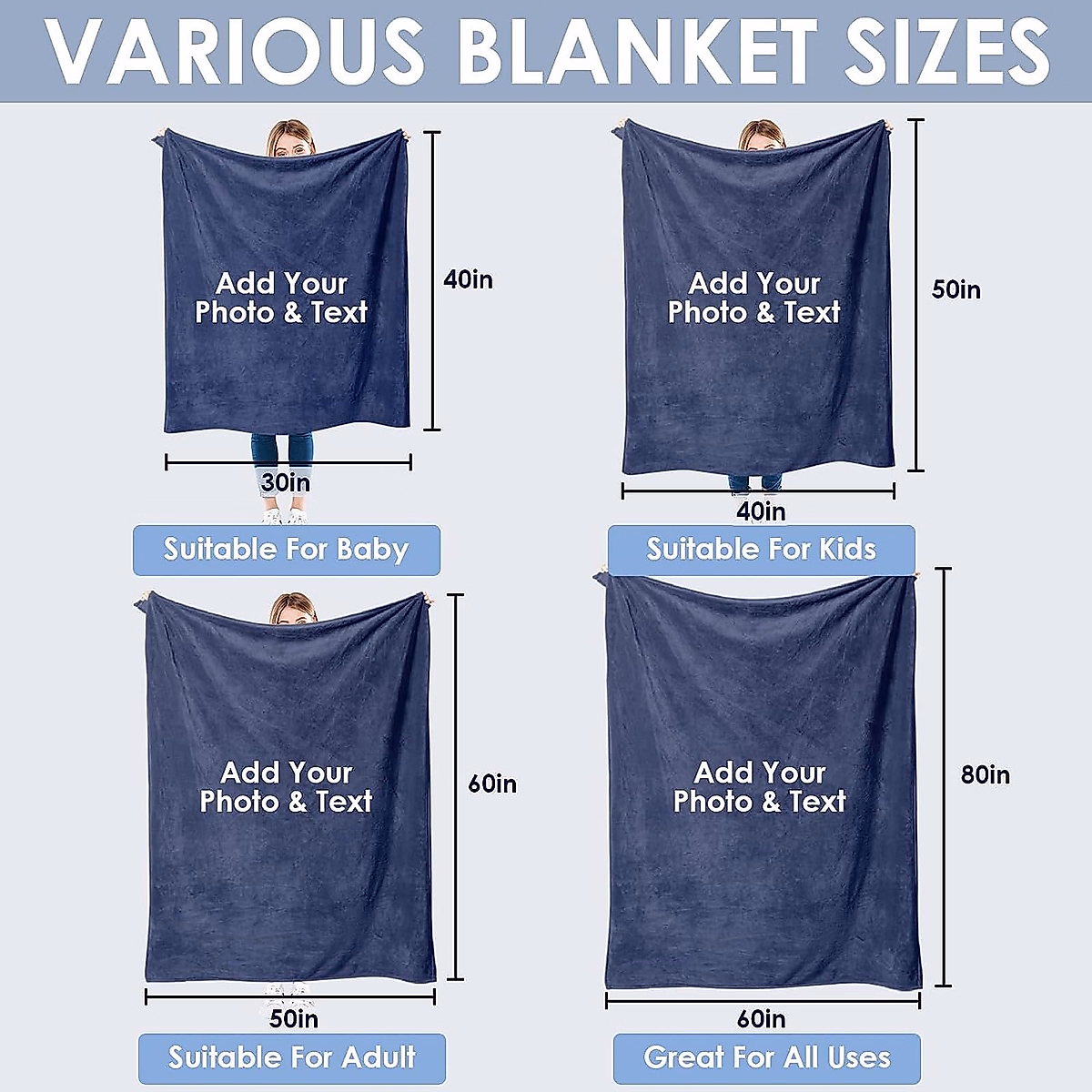 Aeekdook Custom Blanket with Picture, Picture Blankets Customized for Wedding Birthday Anniversary, Custom for Him Her, Picture Blankets Customized(1 Photo with Text)