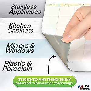 M.C. Squares Reusable Monthly Calendar Whiteboard. Schedule clings to Stainless Steel & Glass (Any Shiny Surface) Included Smudge-Free Wet-Erase Tackie Marker, Made in The USA