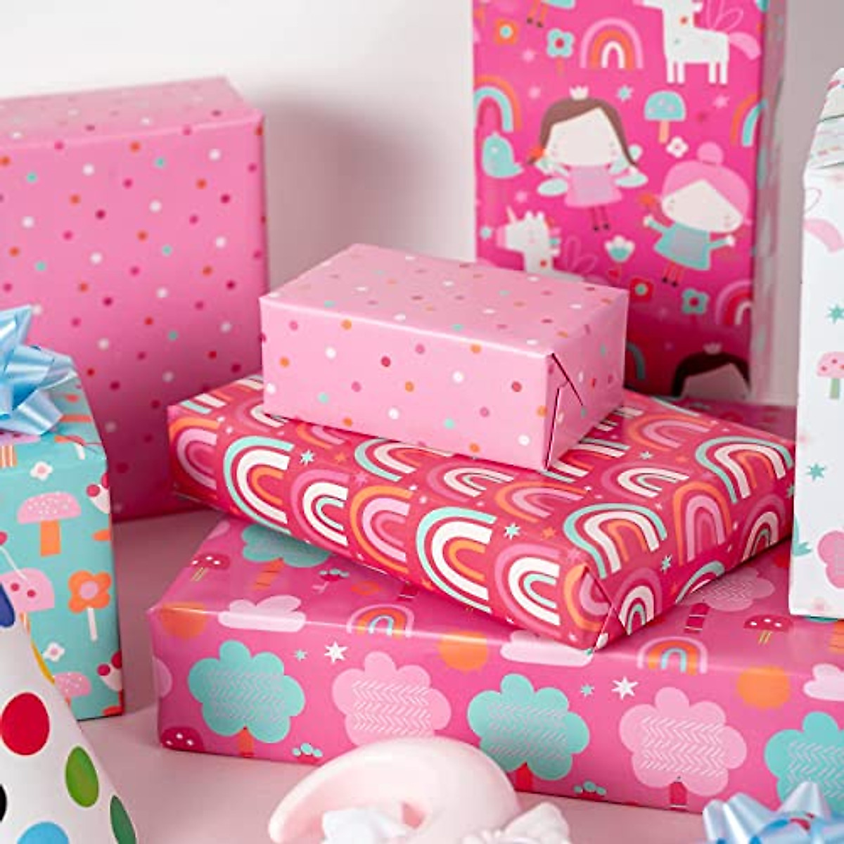 MAYPLUSS Wrapping Paper Large Sheet - Folded Flat - 6 Different Pink Girl Design (45.2 sq. ft.ttl.) - 27.5 inch X 39.4 inch Per Sheet