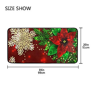 Christmas Kitchen Rug Floor Mat, Red Rug Doormat for Kitchen Bathroom Decor 39 x 20 Inch Christmas Poinsettia and Snowflakes (1)
