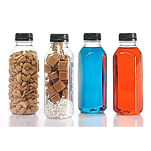 VTM (25) 16 oz. Clear Food Grade Plastic Juice Bottles, Square with Black Caps (25/Pack)