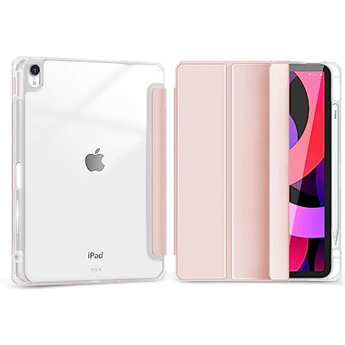 Hoidokly iPad Air 5th Generation Case iPad Air 4th/5th Clear Case 10.9 inch 2022 2020 (A2588/A2589/A2591/A2316/A2324/A2325/A2072) with Transparent Back/Pencil Holder/Auto Sleep (Pink)