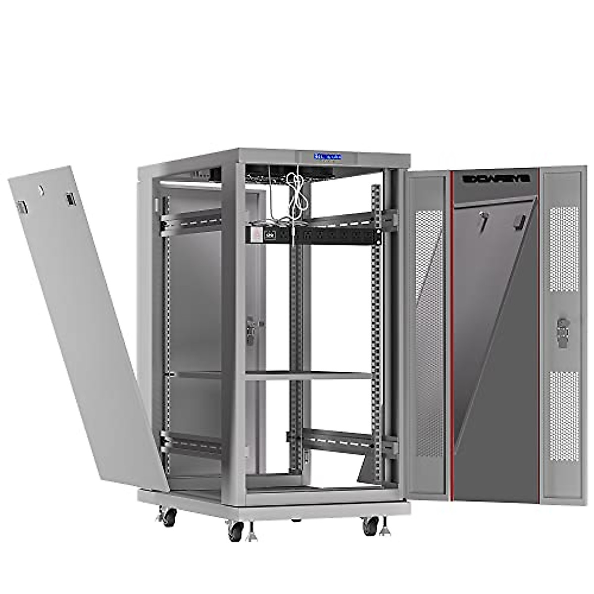 Sysracks 22U 35 Inch Deep Grey White Server Rack IT Network Data Rack Cabinet Enclosure Fully Lockable on Wheels - LCD Screen - Ventilation System - PDU - Glass Door - Rich Accessories Kit