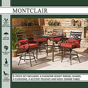 Hanover Montclair 5-Piece High Dining Patio Set with 33'' Steel Stamped Square Bar Height Table and 4 Red Cushioned Tall Swivel Chairs, Modern All-Weather Outdoor Furniture for Backyard and Deck