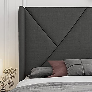 King Size Bed Frame with Headboard, Upholstered Platform Bedframe with Wingback, Heavy-Duty Metal Frames with Solid Wooden Slats No Box Spring Needed (Dark Grey, King (U.S. Standard))
