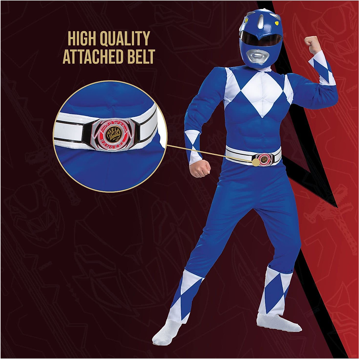 Blue Power Ranger Costume, Kids Size Beast Morphers Muscle Padded Character Jumpsuit and Mask, Classic Child Size Small (4-6)