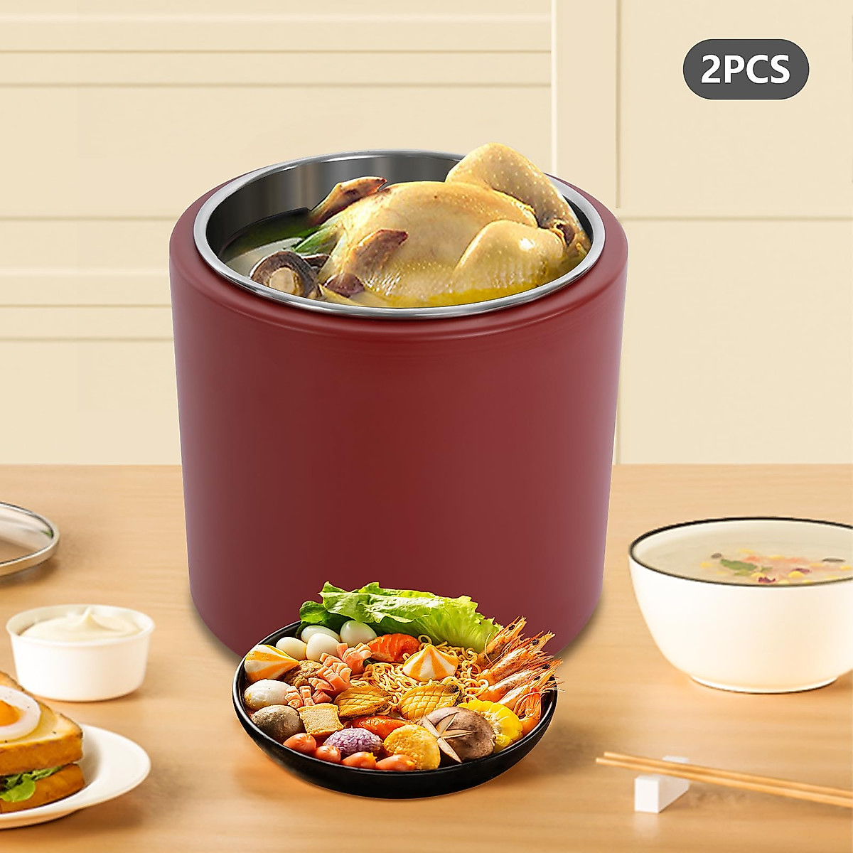 2 Pcs Electric Stainless Steel Soup Warmer Pot 10L Large Capacity Soup Kettle with Lid Portable Round Food Warmer Perfect for Buffet Restaurant Wedding Party Catering (Red)