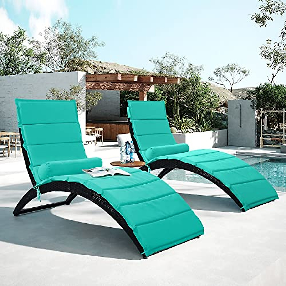 DHHU Foldable Chaise 2-Piece Sofa Set, Patio Wicker Sun Lounger with Removable Bolster Pillow, Green Cushion, Blue