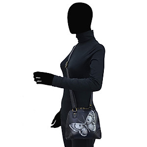 Anna by Anuschka Women's Leather Small Zip-Around Handbag, Multi Compartment Organizer, Butterfly Black