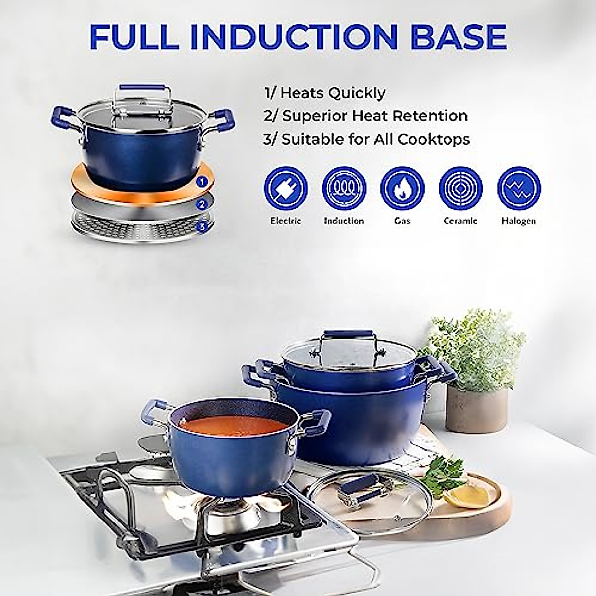 Granitestone 6 Pc Stackable Pot Set, Nesting Non Stick Pots with Lids, Cooking Pots Set, Stock Pot Set with 1.5/3 / 5 Qt Pots with Lids, Induction Cookware, Dishwasher Safe, Non Toxic - Blue