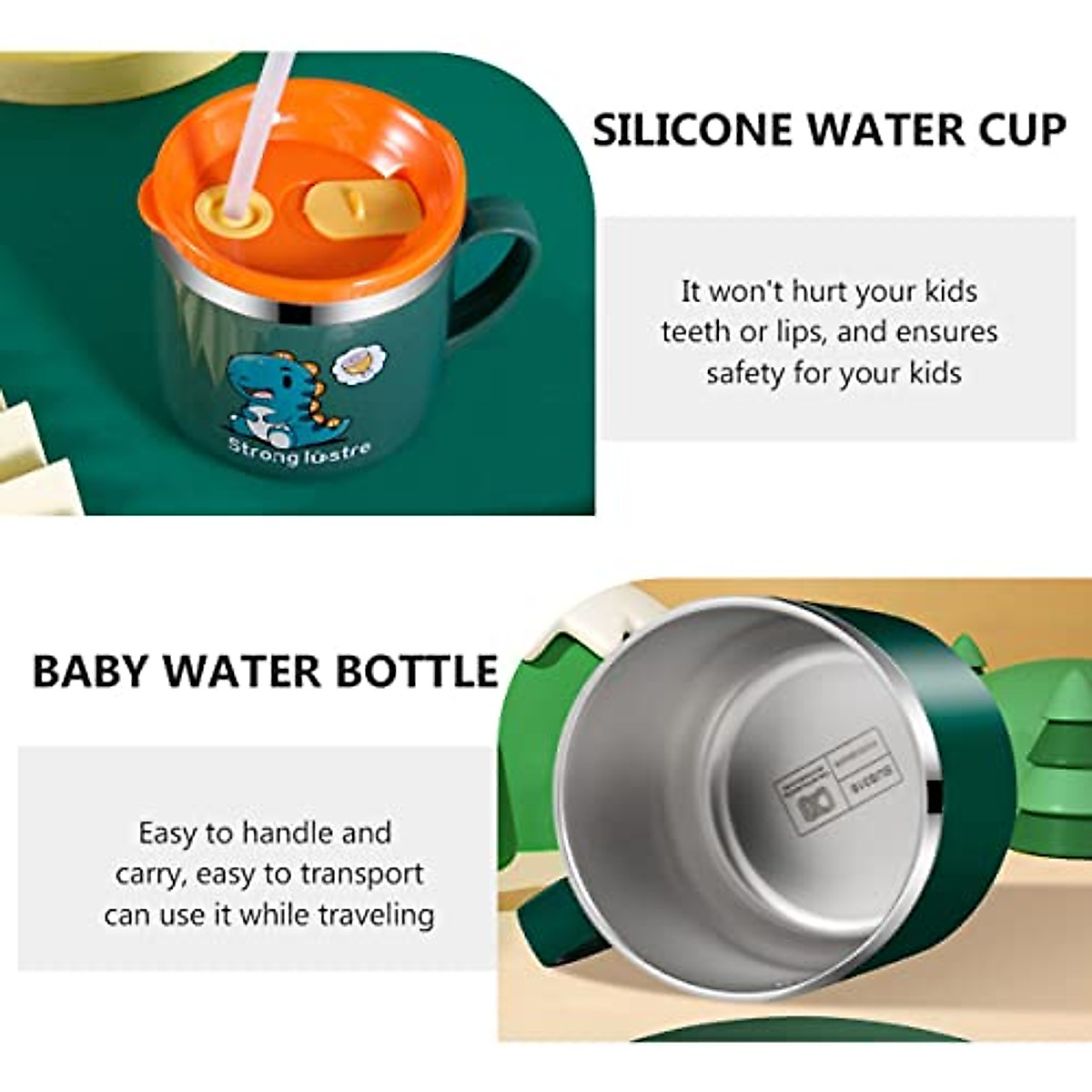 Toddmomy Milk Kids Steel Bottle Drinking Straw Stainless Plastic Cup Scale Anti-scalding Handle Cover and Silicone Ml with Baby Water