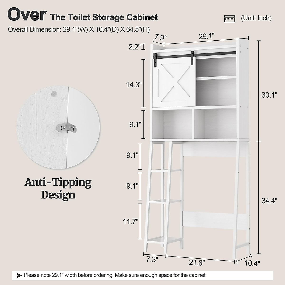 Meilocar Over The Toilet Storage Cabinet, Farmhouse Storage Cabinet Over Toilet with Sliding Barn Doors, Freestanding Bathroom Storage Organizer Cabinet Shelf Space Saving Toilet Rack, White